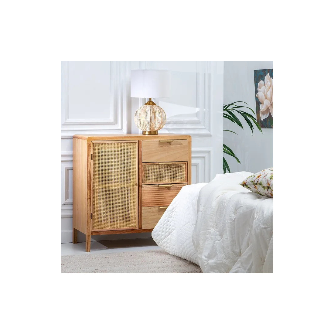 Meuble d'appoint en bois de paulownia et rotin 1 porte et 4 tiroirs