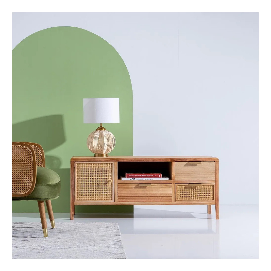 Meuble d'appoint en bois de paulownia et rotin 1 porte et 4 tiroirs