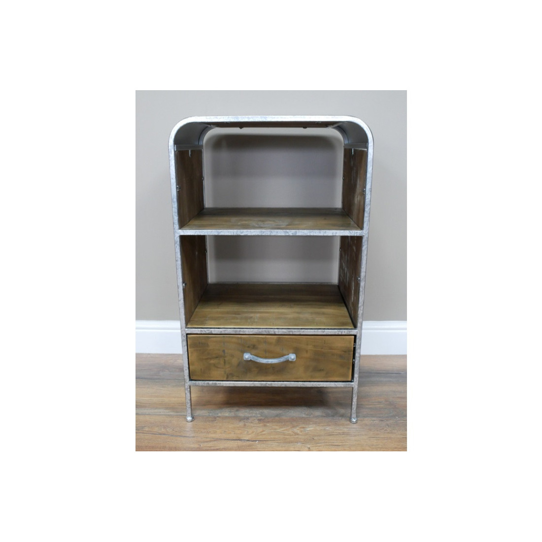 Meuble d'appoint en métal et bois avec niches et tiroir