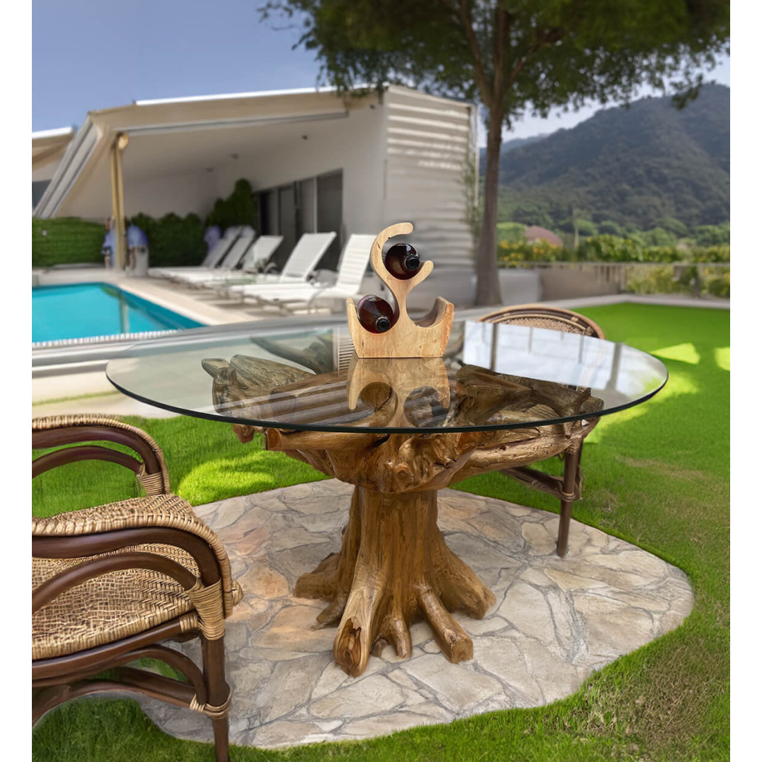 Table à manger ronde avec pied en racine de teck et plateau en verre